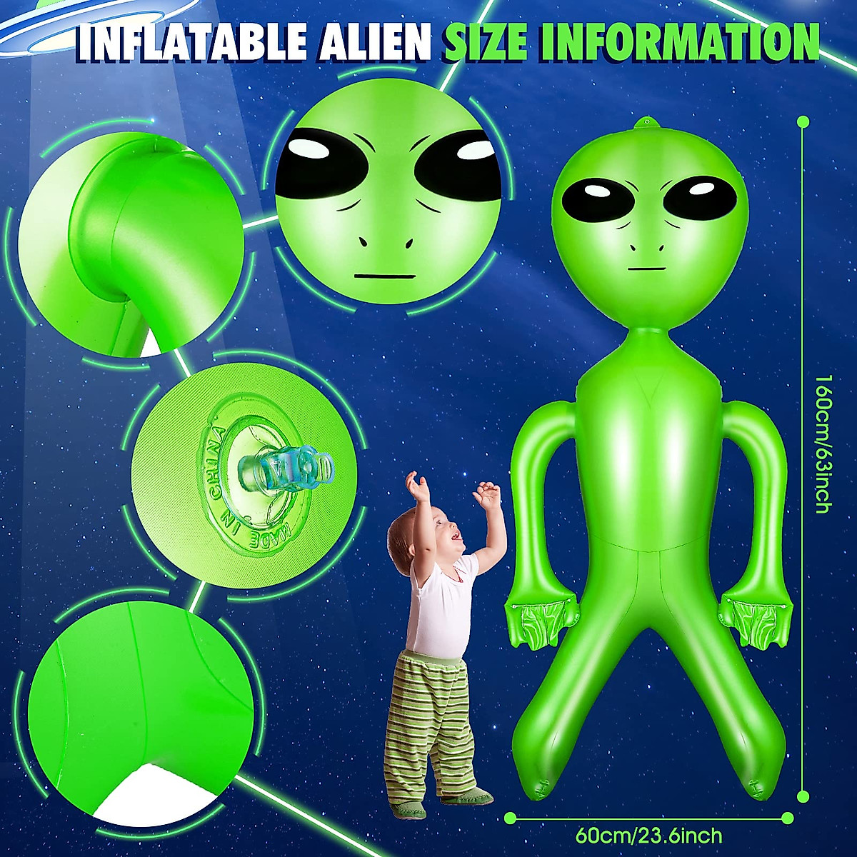 63 Inch Giant Inflatable Alien Blow Up Alien Green Alien Inflate Toy for Party Decorations, Birthday, Alien Theme Party Halloween, Easter, Christmas(1 Piece)