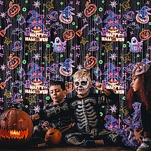 HOWAF 2 Packs Neon Halloween Ghost Fluorescence Foil Fringe Curtains Decoration 3.2 * 6.5ft Halloween Horror Night Glow UV Neon Pumpkin Bats Foil Fringe Photo Booth Backdrop Streamer Tinsel Curtains