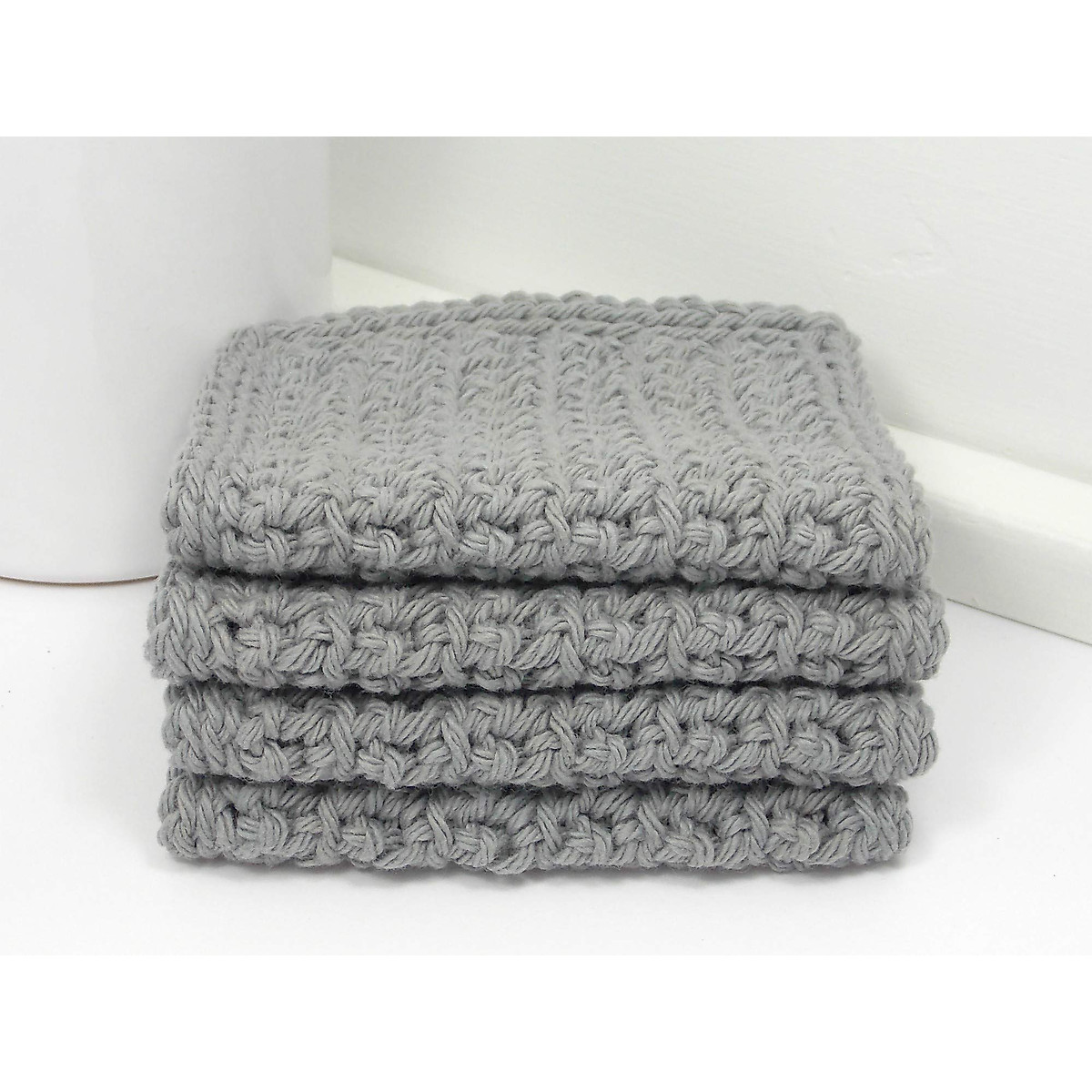 Set of 4 Handmade Grey 4 inch x 7 inch Rectangular Crochet Cotton Dishcloths, Gray Dishrags