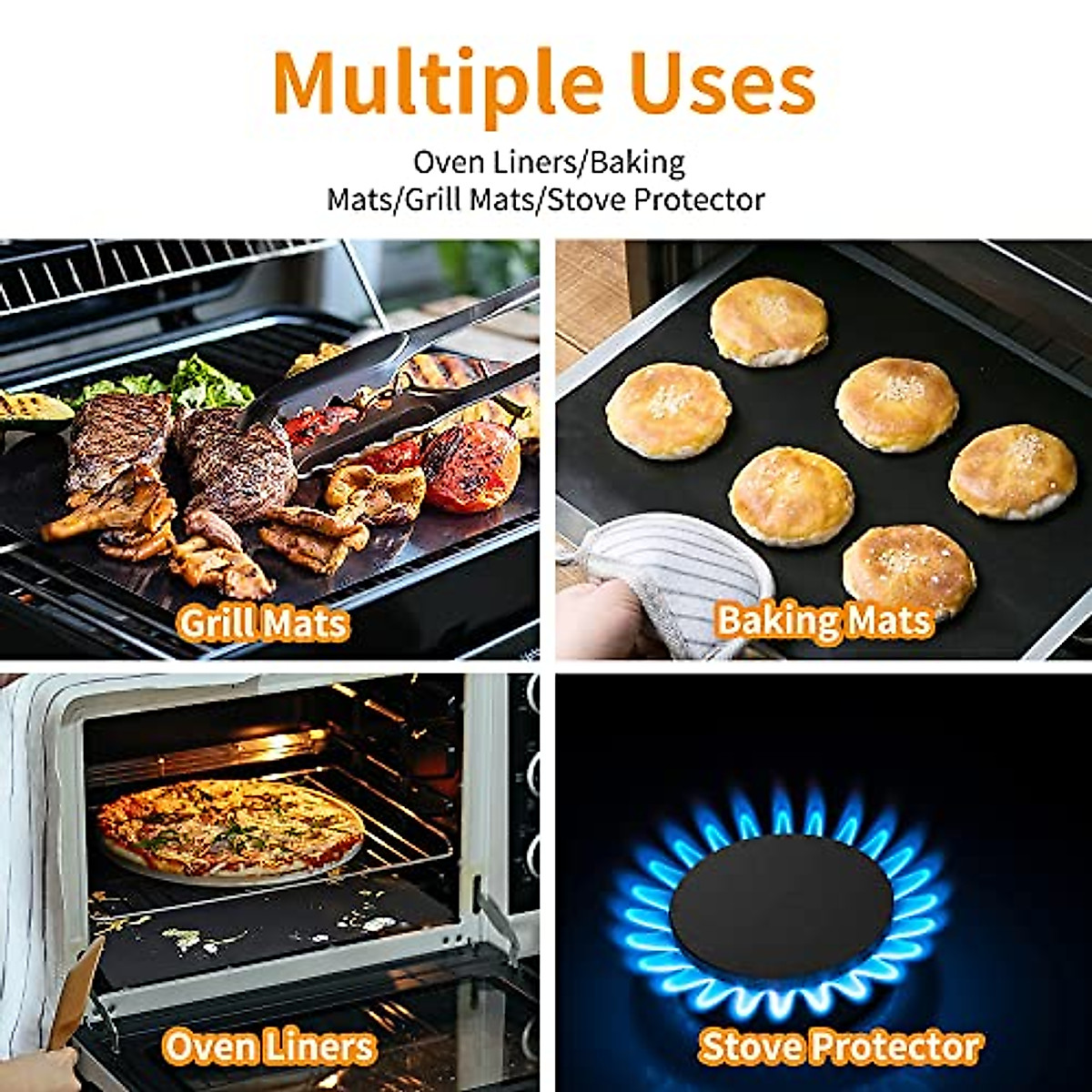 4 Pack Large Oven Liners for Bottom of Electric Gas Oven Reusable, Thick Heavy Duty Nonstick Teflon Oven Mat, Heat Resistant Grill Mats Outdoor, Easy to Clean Gas Stove Liners