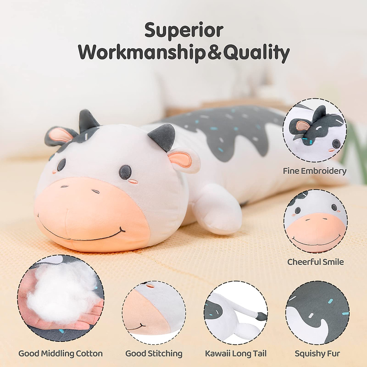 Mewaii Cow Plush Body Pillow, 35" Kawaii Milk Cow Stuffed Animals Squishy Pillow, Cute Plushies Cuddle Pillow for Kids, Long Plush Cow Pillow Toys, Birthday Gifts for Women, Girls and Males