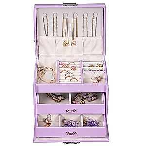 BEWISHOME Jewelry Box for Teen Girls,3 Layers Jewelry Organizer Box with Lock, Jewelry Travel Case for Women Girls, PU Leather Jewelry Boxes for Earrings, Rings, Necklaces Purple, SSH88P