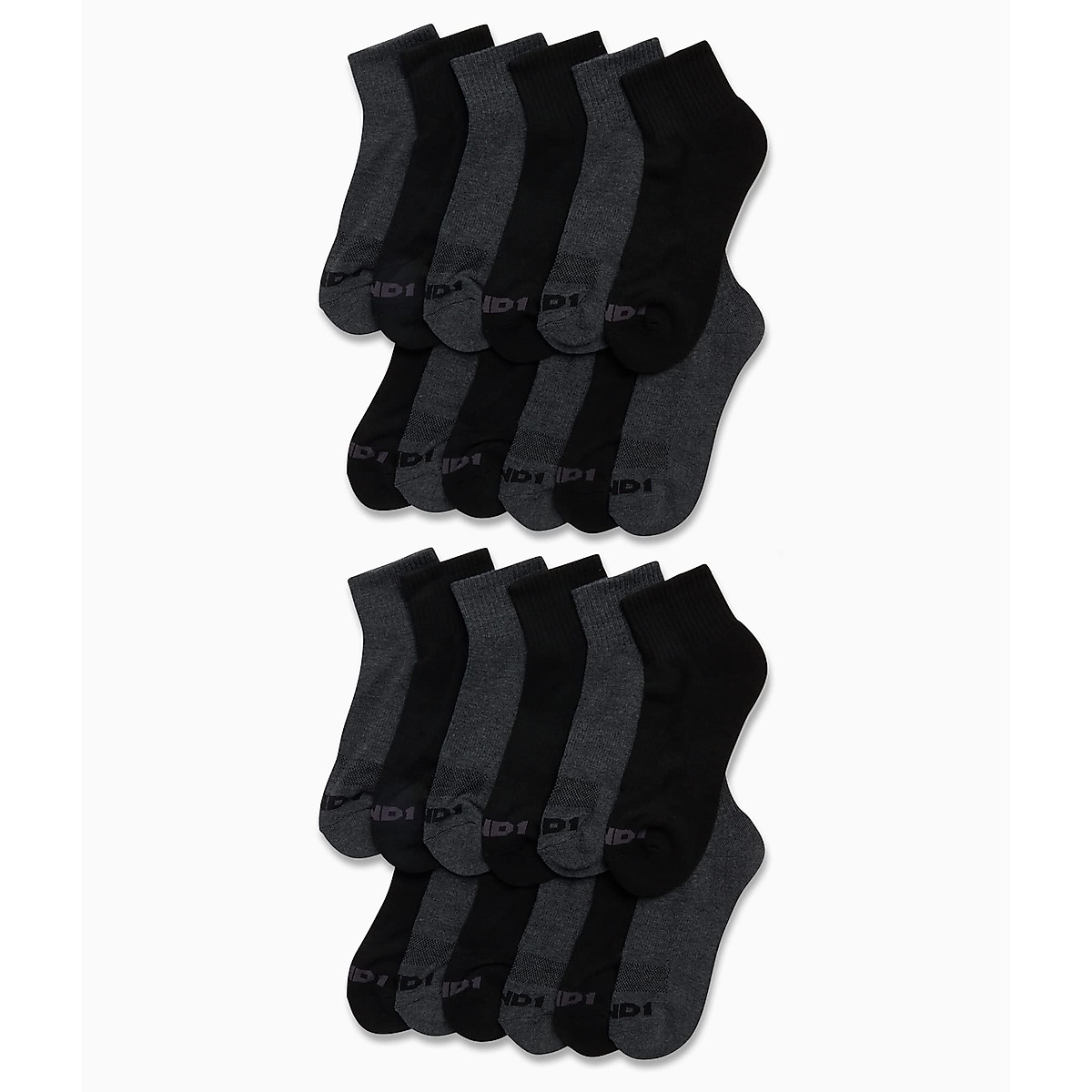 AND1 Men's Socks - Athletic Cushion Quarter Cut Socks (24 Pack), Size 6-12.5, BlackGrey