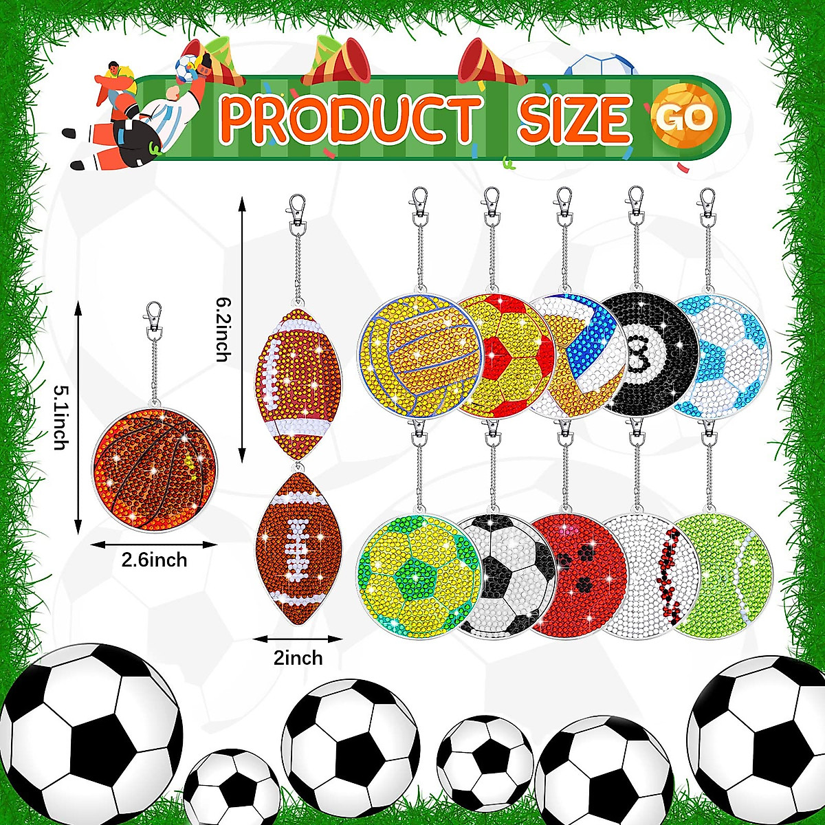 Junkin 26 Pcs Balls DIY Diamond Art Painting Keychain Kits 5D Diamond Painting Key Chains Soccer Ball Football Chain Key for Backpack Shoulder Bag Sports Accessories Adults and Kids