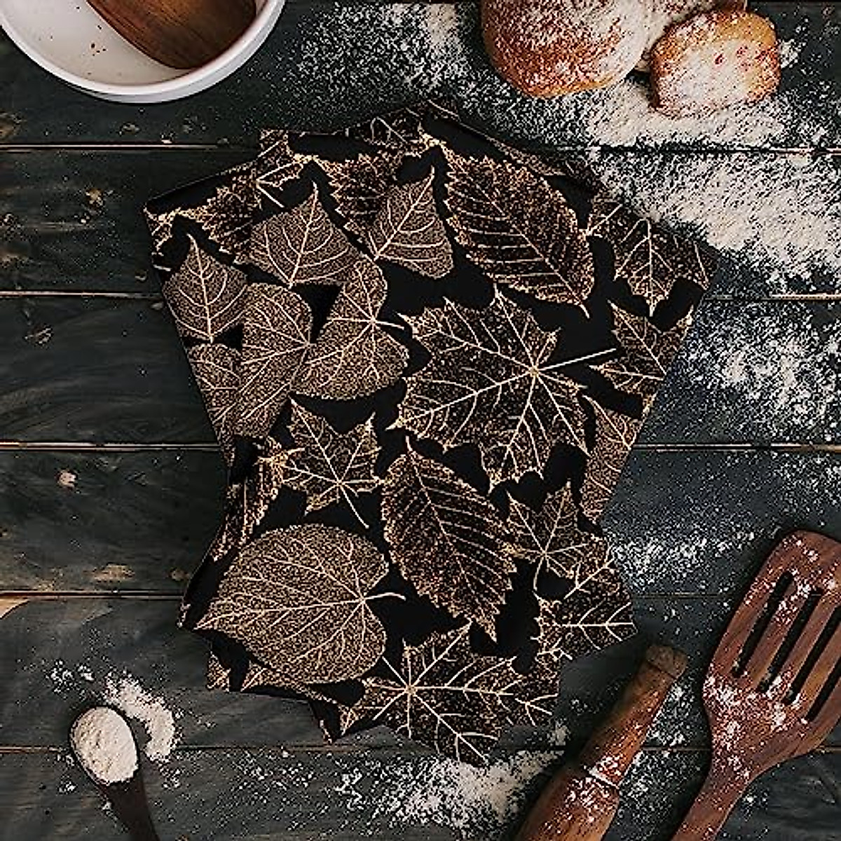 Yun Nist Kitchen Dish Towels,Fall Gold Maple Leaves Black Soft Microfiber Dish Cloths Reusable Hand Towels,Autumn Farm Plant Seamless Washable Tea Towel for Dishes Counters 1 Pack