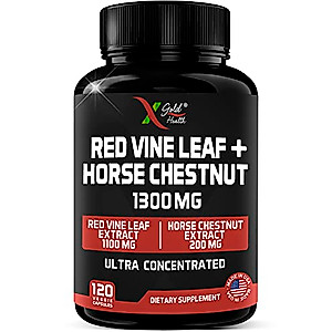Red Vine Leaf + Horse Chestnut Extract Supplement 1300mg - 120 Veggie Caps: Ultra Concentrated Red Vine Leaf + Horse Chestnut Health Supplements | Powerful Combination | Made in USA | 60 Days Supply