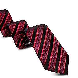 Barry.Wang Stripe Men Ties Set Classic WOVEN Necktie with Handkerchief Cufflinks Formal Black Red