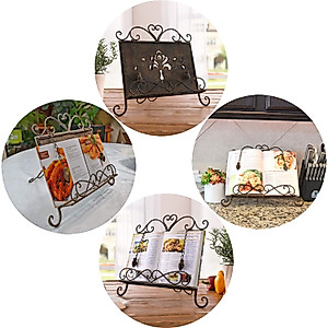 Westcharm Holiday Gift - Antique Metal Kitchen Cookbook Stand, Recipe Book Holder, iPad Holder, Cookery Book Easel with Weighted Chains, Rustic Dark Brown