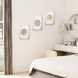 SUMGAR Boho Wall Art Bathroom Gold Mandala Framed Paintings 3 Piece Grey Flowers Pictures Gray Floral Canvas Prints Bedroom Indian Artwork Yoga Spa Bohemian Home Decorations Geometric Decor,12x16 in