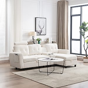 HomSof Sectional Sofa Set with Chaise Lounge, Storage, Cup Holder and Side Pocket, 3-Seat L-Shaped Couch for Small Spaces, Living Room