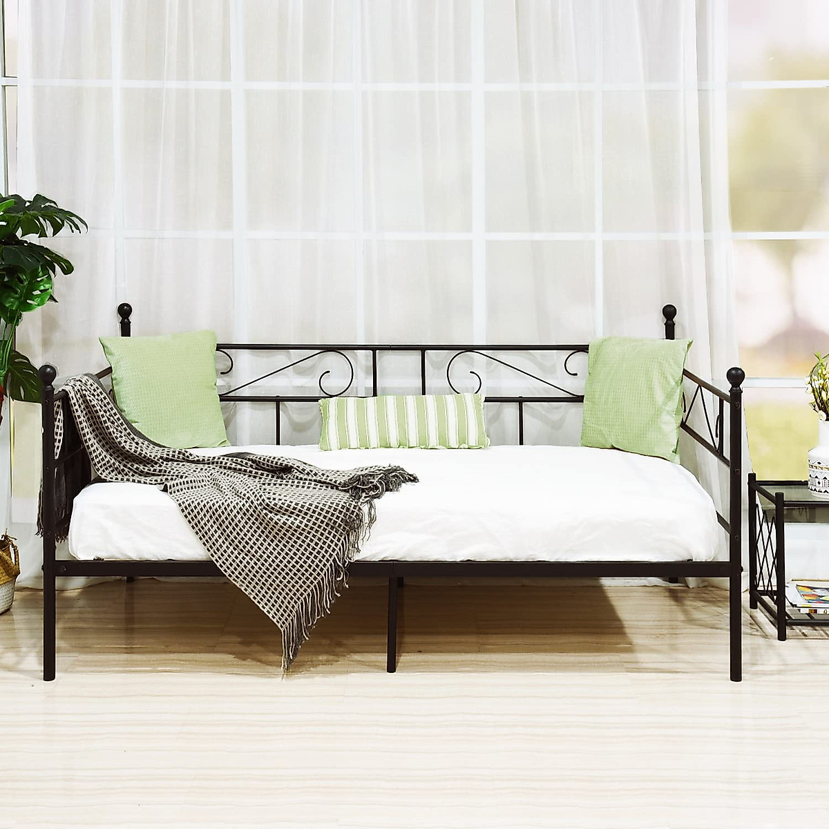 Symylife Classic Twin Daybed Metal Bed Frame with Headboard, Sturdy Steel Slats Support, Easy Assembly, Mattress Platform Bed Sofa for Living Room Guest Room,Black