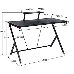 FurnitureR 47'' Gaming Desk with Monitor Stand Computer Gaming Table Home Office Desk with Cup Holder and Headphone Hook, Modern Simple Gamer Game Table, Black