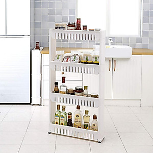 Gap Storage Organizer, FOME 4 Tier Mobile Shelving Unit Organizer Slide Out Storage Tower Slim Storage Tower Rack with Wheels Pull Out Pantry Shelves Cart for Kitchen Bath Room Narrow Spaces