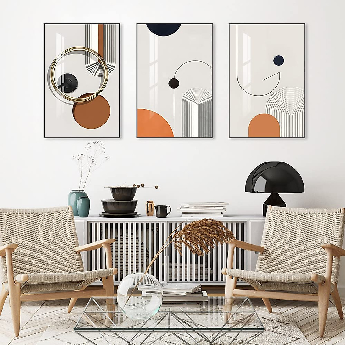 Framed Bright style Wall Art, Boho Wall Art Set of 3, Mid Century Modern Decor 24" x 32", Minimalist Black Beige Neutral Abstract Geometric Wall Decor Canvas Prints for Bedroom Living Room Bathroom