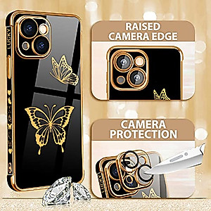Petitian for iPhone 14 Plus Case, Cute Women Girls Gold Butterflies Designed for iPhone 14 Plus Phone Cases, Girly Gold Plating Phone Cover for 14 Plus with Camera Protection Black