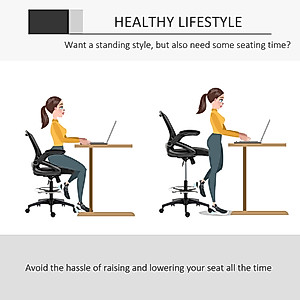 Vinsetto Mesh Drafting Chair, Tall Office Chair with Lumbar Support, Flip-Up Armrests, Footrest Ring and Adjustable Seat Height, Black