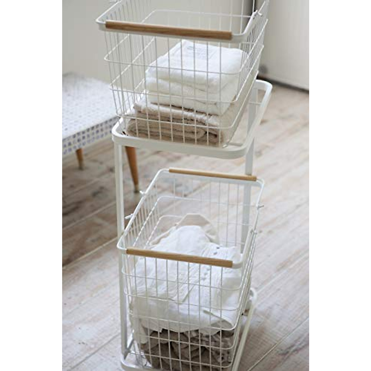 Yamazaki Home Laundry Basket Wagon-Large Storage Hamper Organizer | Steel + Wood | Short | Rolling Carts, White