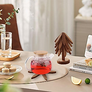 Wooden Trivets for Hot Dishes, Tree Shape Trivet Set for Hot Dish, Tree Table Mat Wooden Trivet for Hot Dishes Bowl, Foldable Kitchen Wooden Trivet with 5 Wooden Trivets, 1 Stand(Walnut Wood)