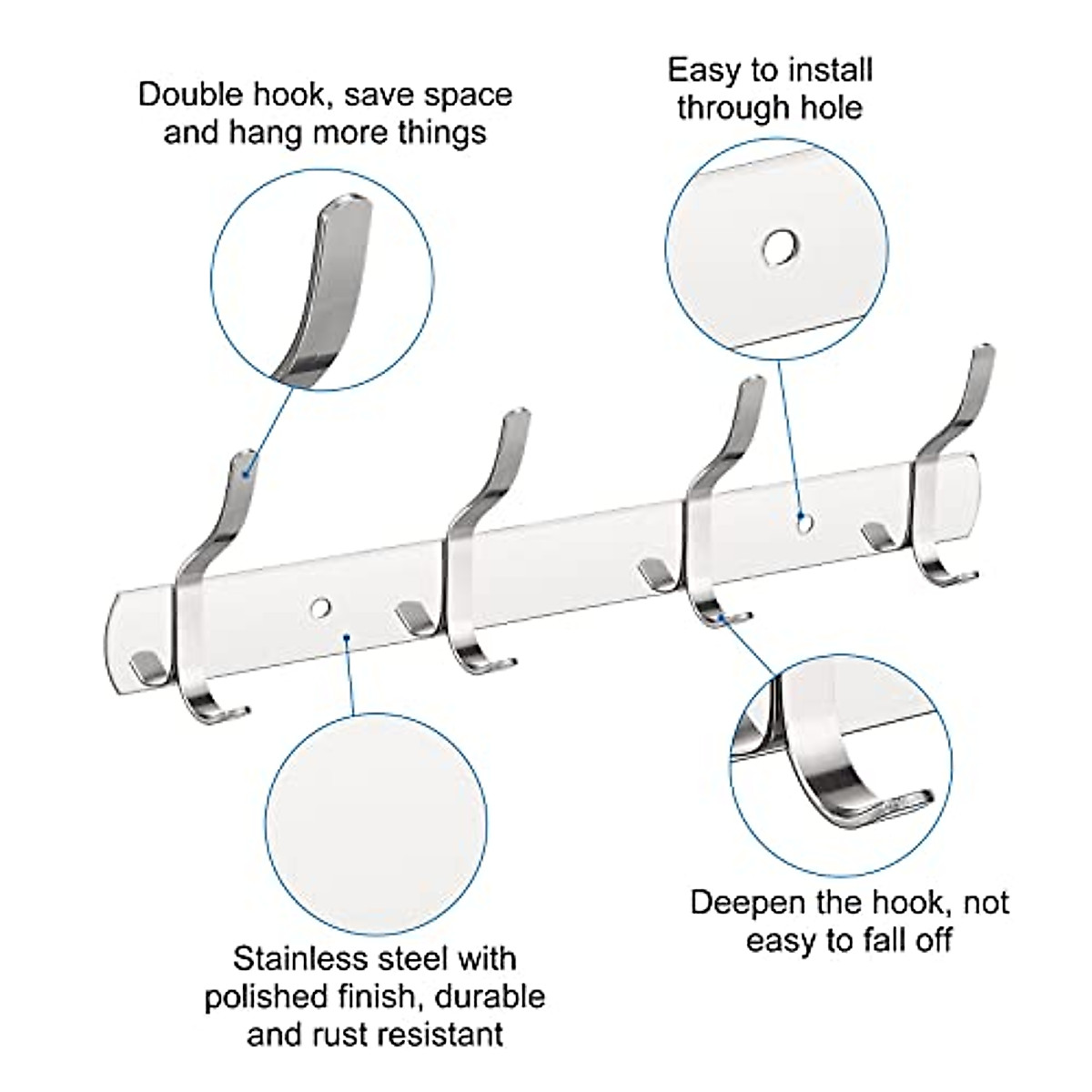uxcell Coat Hook Rack, Stainless Steel Wall Mounted Coat Rack with 4 Hooks Hook Rail Wall Hangers for Hanging Bedroom Bathroom Silver