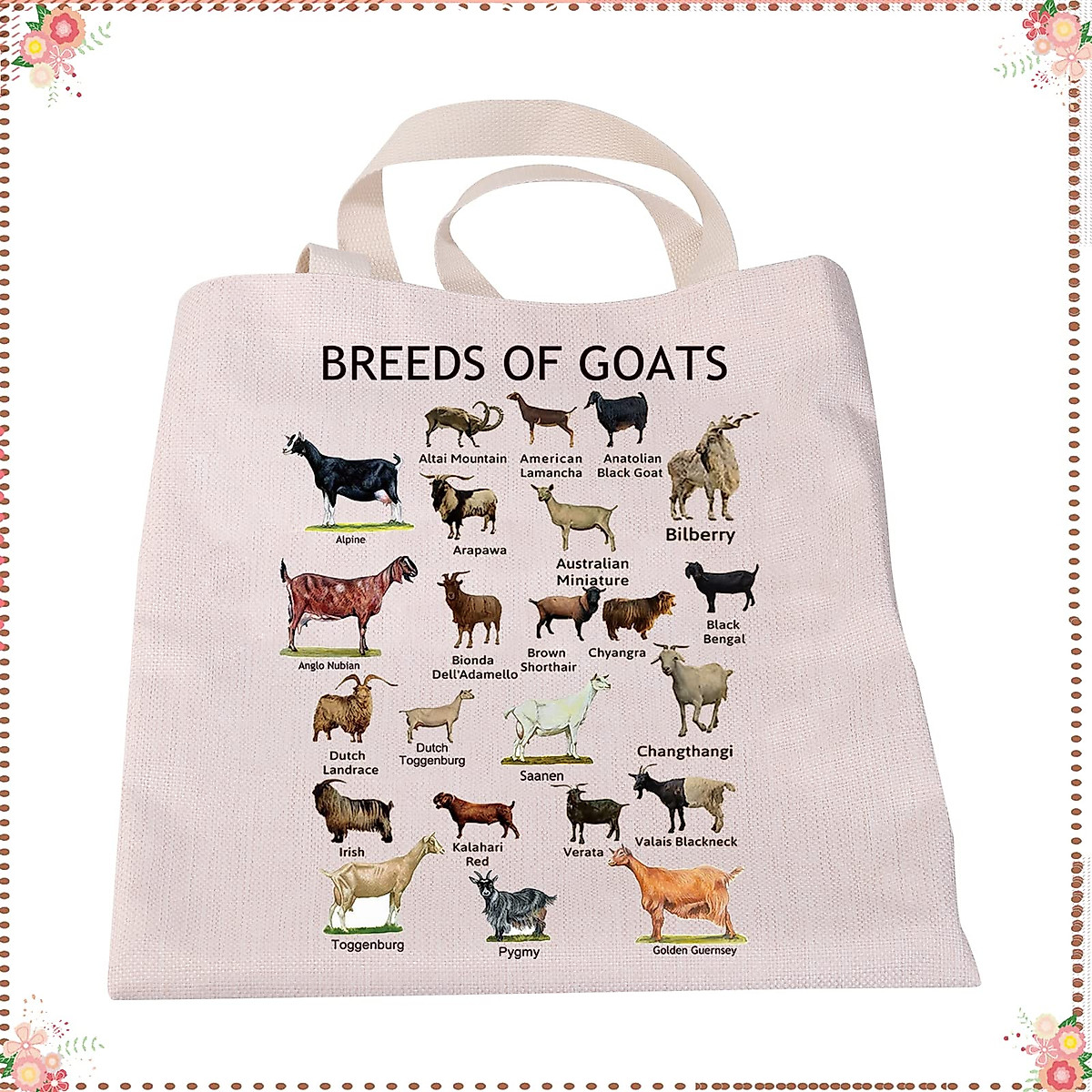JYTAPP Goat Knowledge Bag Breeds Of Goats Canvas Tote Bag for Goat Lovers Goat Farmer Gift Goat Mom Reusable Grocery Bag