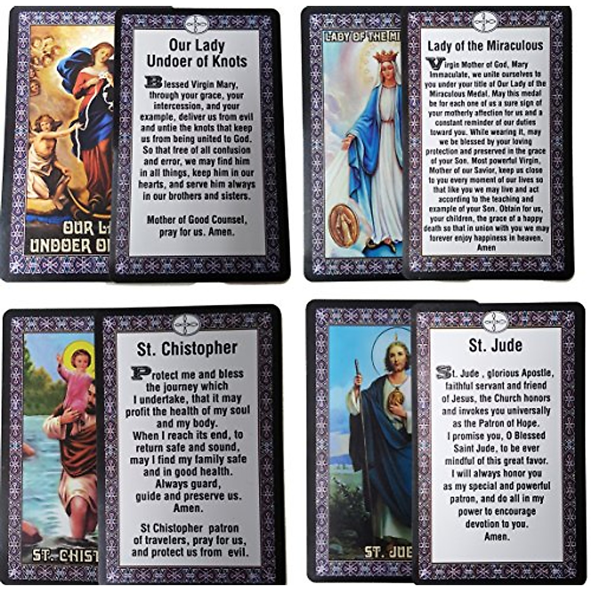 Catholic SET of 10 Holy Prayer Cards - New Plastic material! St Benedict St Jude St Michael St Christopher Holy Family L of Guadalupe L of Miraculous L of Grace L undoer of Knots Divine Mercy