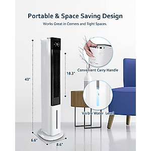 Sunday Living Evaporative Air Cooler, 42 Inch Tower Fan w/Cooling & Humidification, Swamp Fan with Remote Control, 1.3 Gallon Water Tank, 3 Speed & 3 Mode Setting, 12 Hour Timer