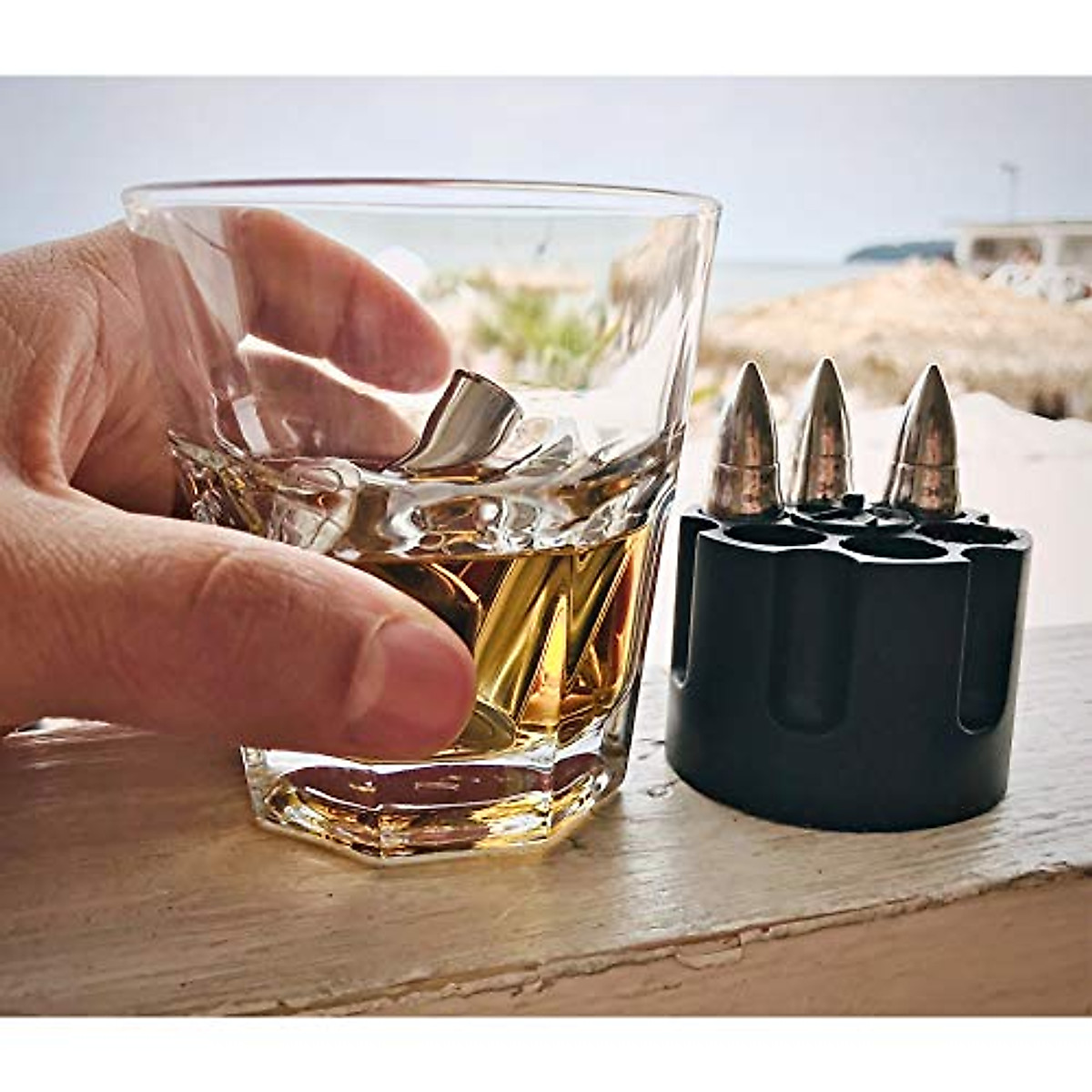 WHISKEY STONES EXTRA LARGE 6 PCS. STAINLESS STEEL SILVER BULLETS with Revolver Barrel Base Laser Engraved Ice Cubes Chillers Reusable Chilling Rocks Stone Gift Set for Men Father's Day Military Man.
