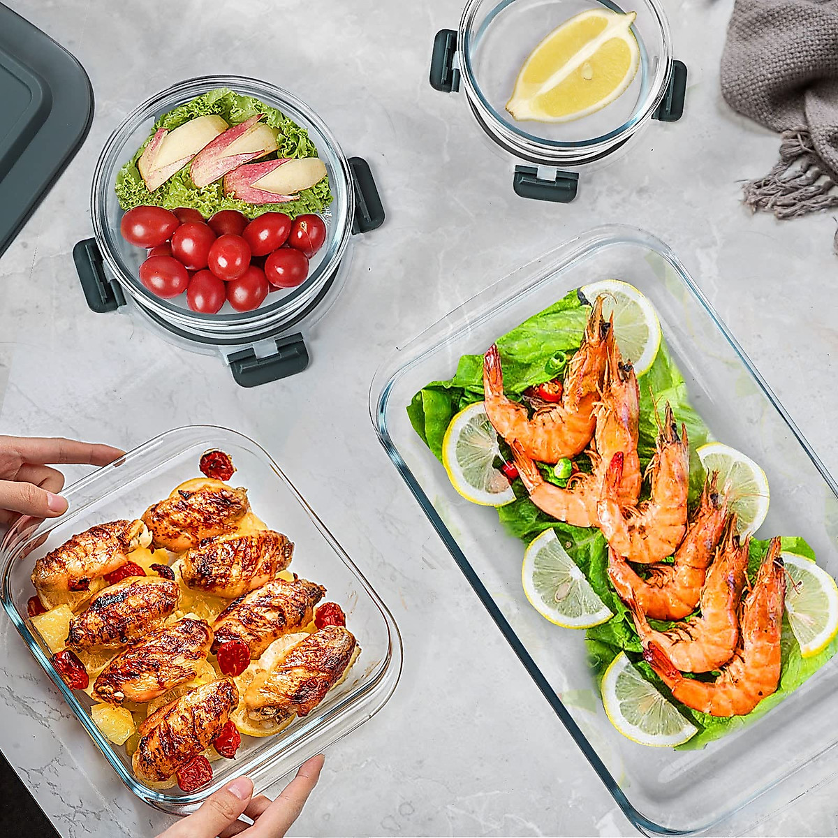 KOMUEE Rectangular Glass Baking Dish with Lids Set & Round Glass Food Storage Containers With Lids Set,Glass Bakeware Set with Lids for Lasagna, Leftovers, Cooking, Kitchen, Fridge-to-Oven,Gray