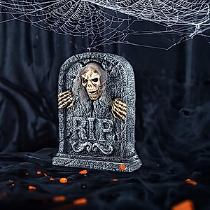 Halloween Zombie Tombstone Animated Skeleton Decorations Yard Decor Motion Sensor Activated, Creepy Voice, Spooky Skull Head, Light Up Eyes, Scary Haunted Prop