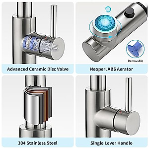 Crea Kitchen Faucets with Pull Out Sprayer, Bathroom Sink Faucets Mini Bar Prep Faucet Single Handle 3 Hole Kitchen Farmhouse utility Faucet Outdoor Laundry, Brush Nickel