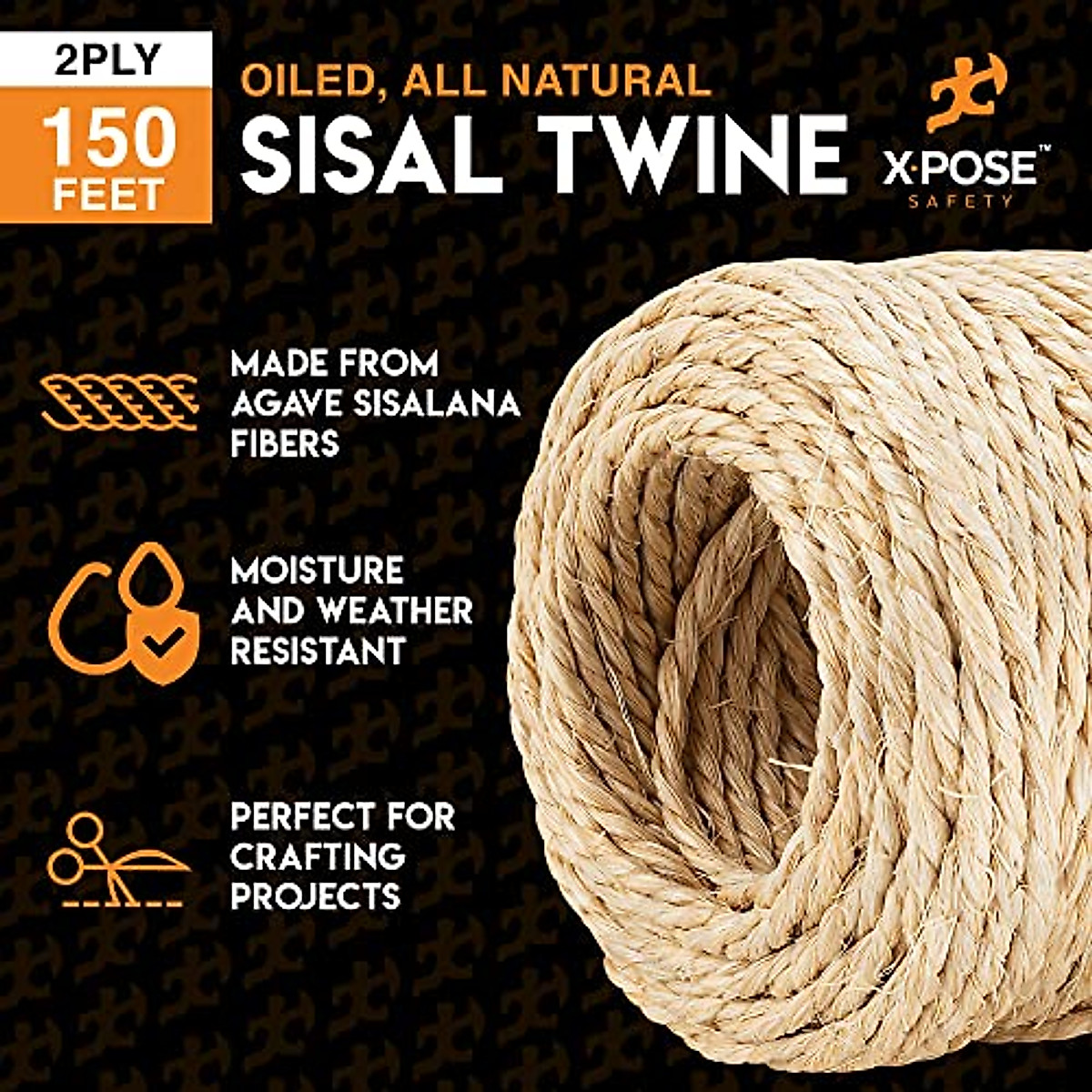 Sisal Twine - 2 Ply 150 Ft Thin Natural Fiber Rope on Spool - Rope Cat Scratching Post, Rope for Cat Scratcher, Cat Tree Replacement Parts, Pet Toy - Decorative Cordage for Crafts, Pole Wrap