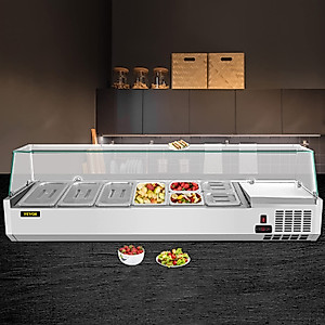 VEVOR Refrigerated Condiment Prep Station, 60-Inch, 16.8Qt Sandwich Prep Table with 4 1/3 Pans & 4 1/6 Pans, 146W Salad Bar with 304 Stainless Body Tempered Glass Shield Digital Temp Display Auto Defr