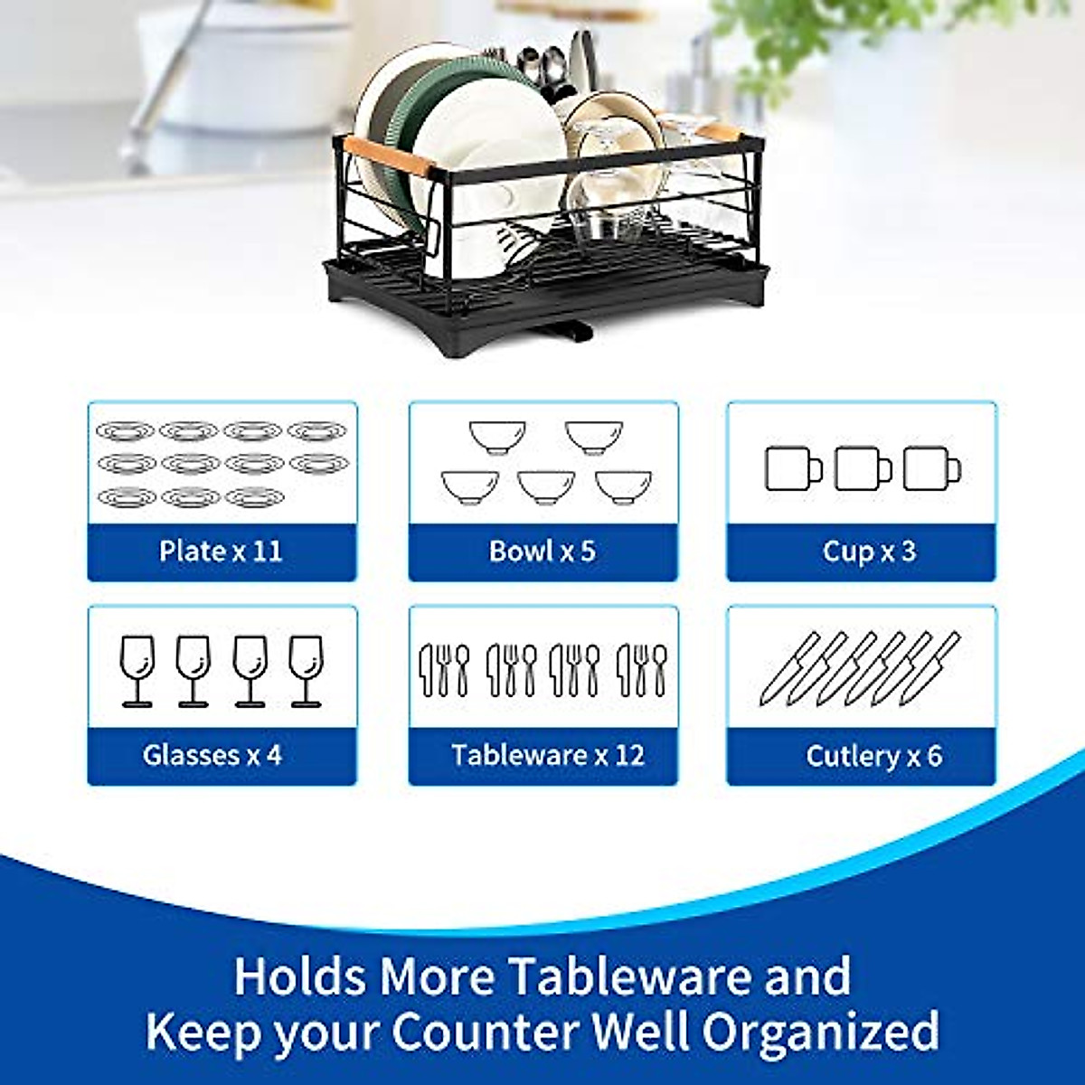 Flaovoth Dish Drying Rack, Dish Drainers for Kitchen Counter Dish Rack with Drying Drainboard and Utensil Holder, Rust-Proof Stainless Steel, Black, 16.65’’L x 11.93’’ W x 6.41’’H