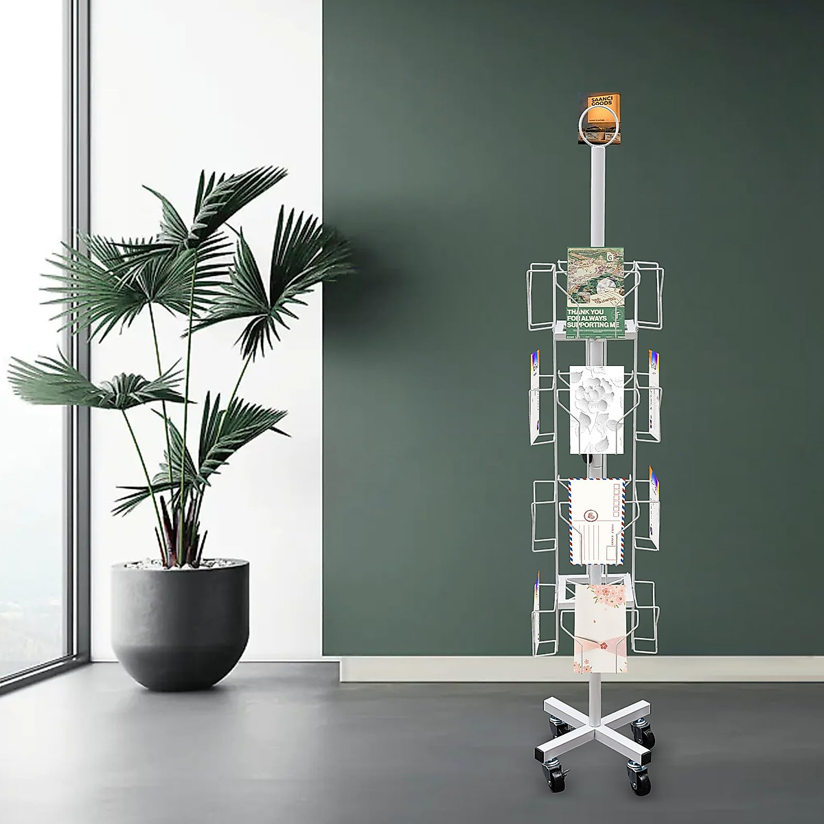 Vintoro Storage Stand Assistant, 360° Rotating Greeting Card Rack with 4 Universal Wheels,16-Pocket Display Stand Spinning, 31.5*12.6*5.12in,for Classroom Office Library Craft Show, White