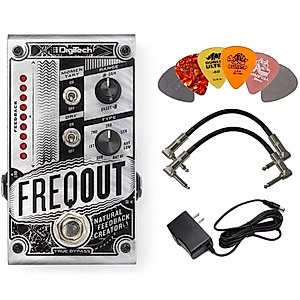Digitech FREQOUT Natural Feedback Creator Pedal Bundle with 9V Power Supply, 2 Patch Cables and 6 Assorted Dunlop Picks