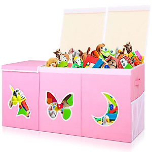 Geetery Extra Large Toy Chest Storage Box Girls Toy Storage Chest Unicorn Toy Organizer with Lid 40.4 x 14.0 x 16.3'' Collapsible Storage Bin with Handle and Mesh Pocket for Nursery Playroom Bedroom