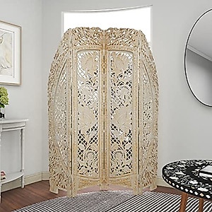 Deco 79 Wood Floral Handmade Hinged Foldable Arched Partition 4 Panel Room Divider Screen with Intricately Carved Designs, 60" L x 2 "W x 72"H, White