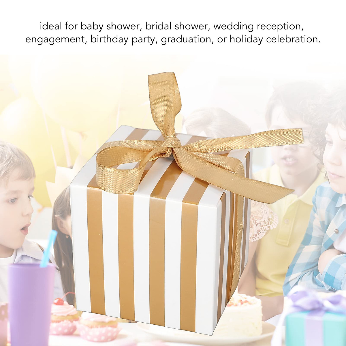 Restokki 50Pcs Mini Gift Boxes 2.2in Squared Gold Stripes Easy Assembly Gift Wrapping Box with Ribbons for Party Wedding Birthday Christmas Party