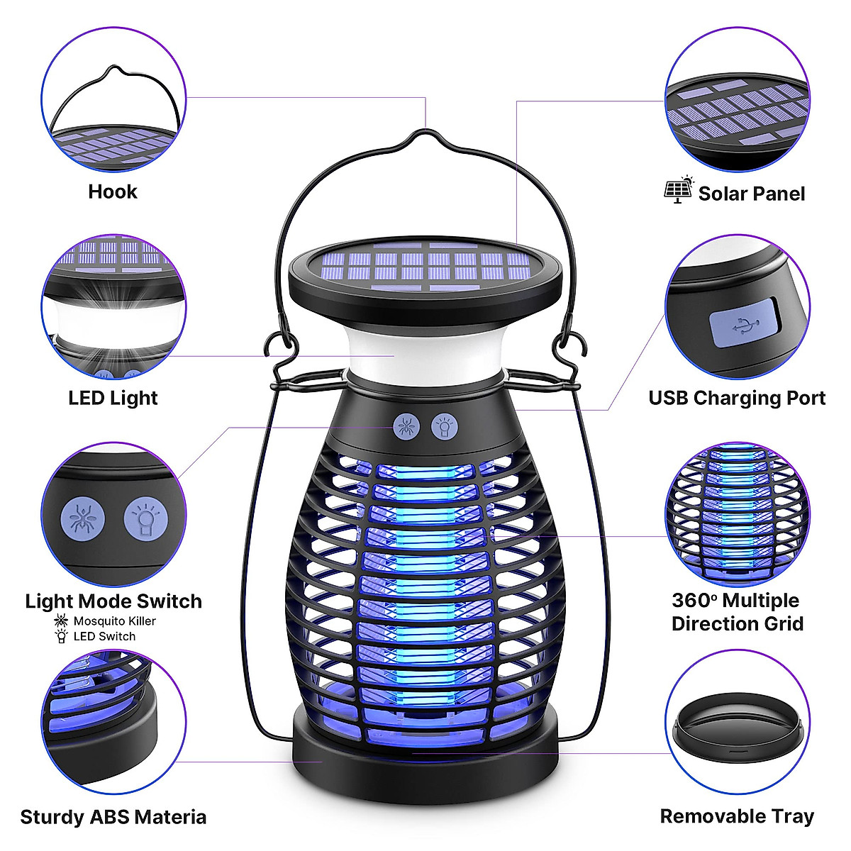 Solar Bug Zapper Outdoor, Rechargeable Cordless Buzzbug Mosquito Zapper Indoor, Waterproof Mosquito Trap Fly Zapper for Garden Patio Camping Essentials