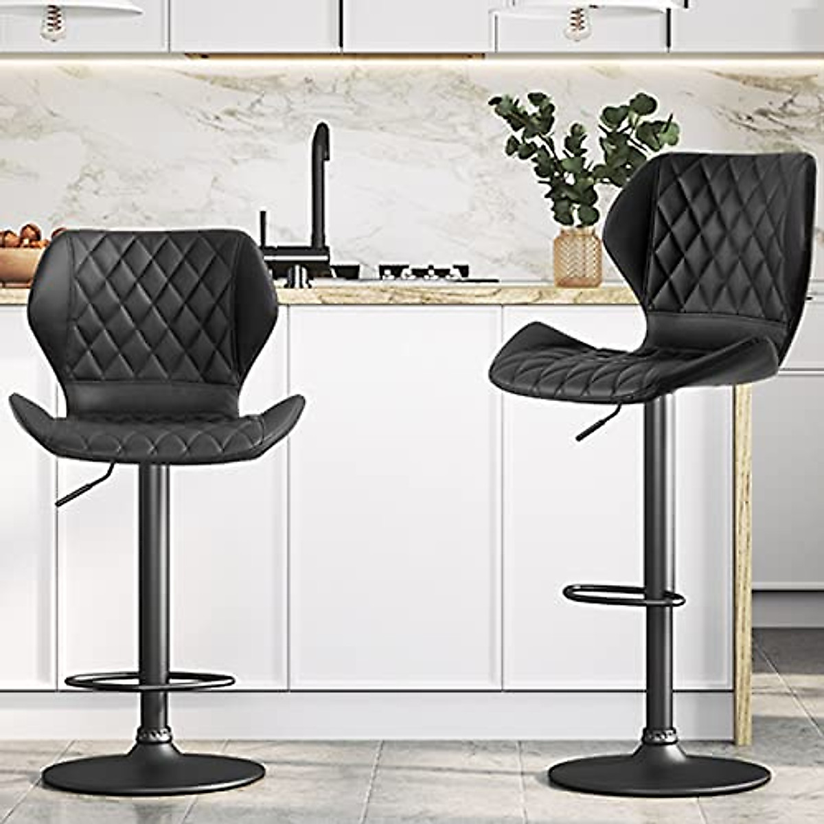 DICTAC Leather Bar Stools Set of 2 Black Adjustable Height Bar Chairs Pair Swivel Barstools Breakfast Bar Stools for Kitchen Island Counter Stool Capacity 400 lbs, Retro Black