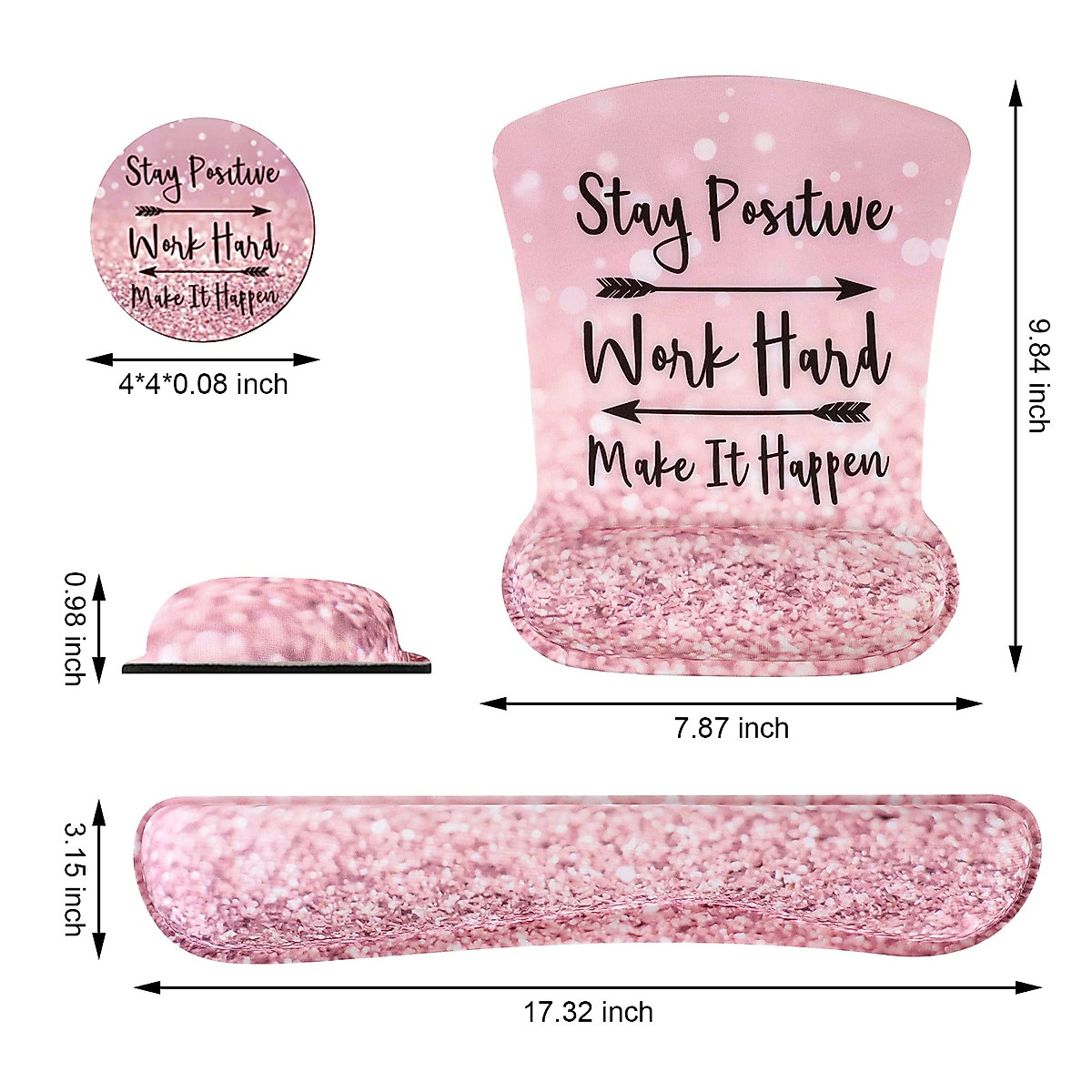 iCasso Ergonomic Mouse Pad with Wrist Support Set, Keyboard Wrist Rest+ Mouse Wrist Rest Pad + Coaster, Non-Slip Base Cute Mouse Mat, Pain Relieve Desk Mousepadfor Computer (Pink Stay Positive)