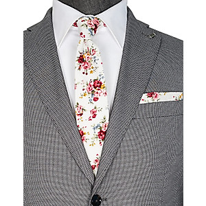 ZENXUS Mens Cotton Skinny Rose Floral White Tie Combo Set with Flower Pocket Square