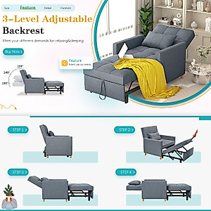 YODOLLA Sleeper Chair, 3 in 1 Chair Bed for Adults, Pull Out Sofa Chair with Pillow and Convertible Backrest, Multi-Functional Fold Out Futon Chair Reading Chair for Small Space (Dark Grey)