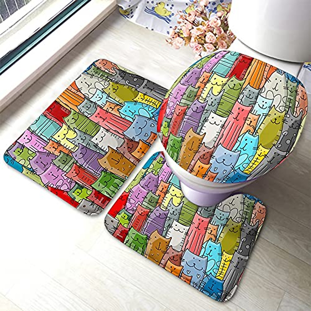 Wondertify Funny Cats Family Bathroom Antiskid Pad Cute Animal Crowd Fun Grace Joy Lazy Love 3 Pieces Bathroom Rugs Set, Bath Mat+Contour+Toilet Lid Cover
