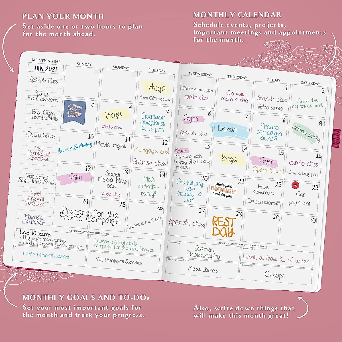 Legend Planner PRO Hourly Schedule - Weekly & Daily Organizer with Time Slots. Appointment Book Journal for Work & Personal, A4 (Hot Pink)