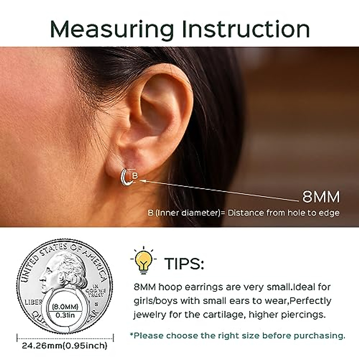 ChicSilver 925 Sterling Silver Small Hoop Earrings for Women White Gold Plated Silver Huggie Hoop Earrings Tiny Hypoallergenic Lightweight Cartilage Earring - 8MM