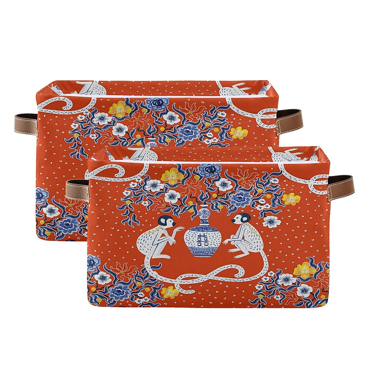 Storage Basket Cube Art Chinoiserie Animal Monkey Large Collapsible Toys Storage Box Bin Laundry Organizer for Closet Shelf Nursery Kids Bedroom,15x11x9.5 in,2 Pack