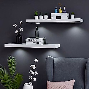 WELLAND White Floating Shelf with Touch-Sensing Battery Powered LED Light,Wall Mounted Display Shelves for Entrance, Living Room, Bedroom, Kitchen and Bathroom (36-INCH, White)