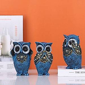 Owl Statue 3 Piece Set, Don't Look, Don't Hear, Don't Tell Owl Decor, Three Wise Owl Figurines for Shelf Decor, Living Room Bedroom Room Decor, Blue and Gold Home Decor