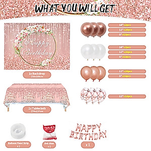 Floral Happy Birthday Decorations Women, 125PCS Rose Gold Flower Birthday Party Supplies Including Happy Birthday Backdrop, Balloon Arch/Garland Kit, Birthday Tabblecloth for Girls